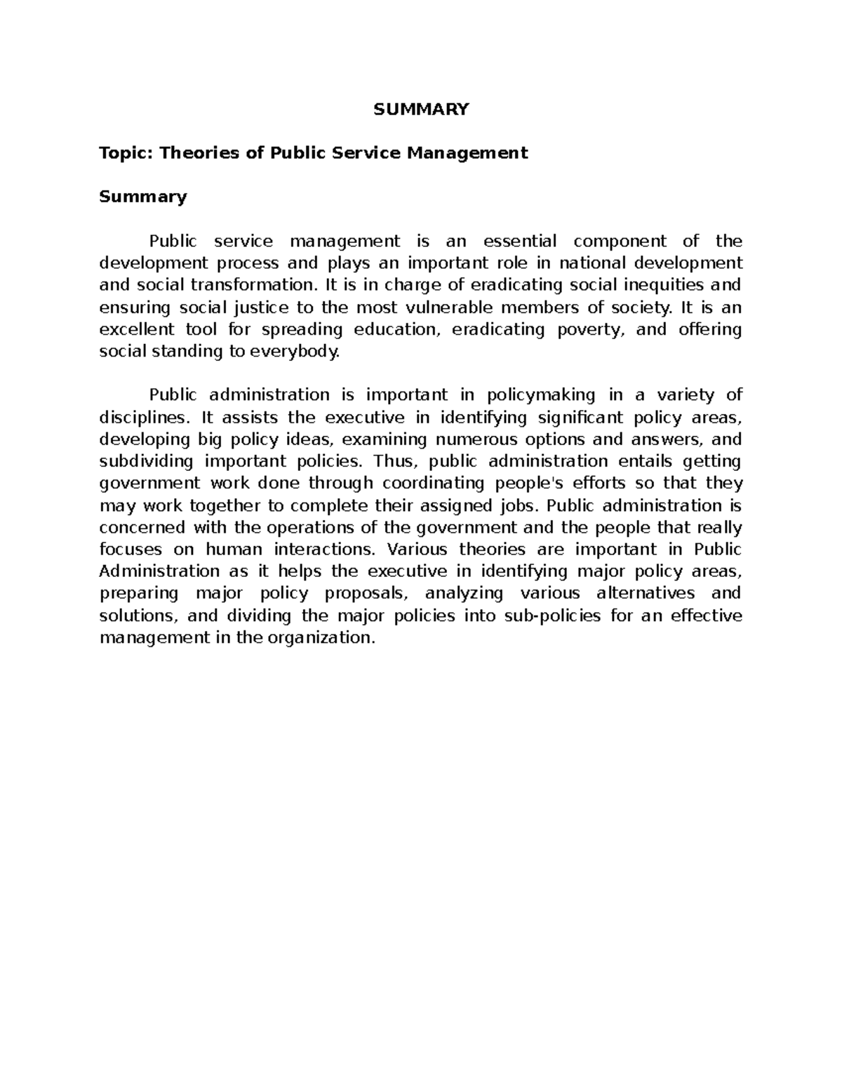 Theories of Public Service Management Summary - SUMMARY Topic: Theories ...