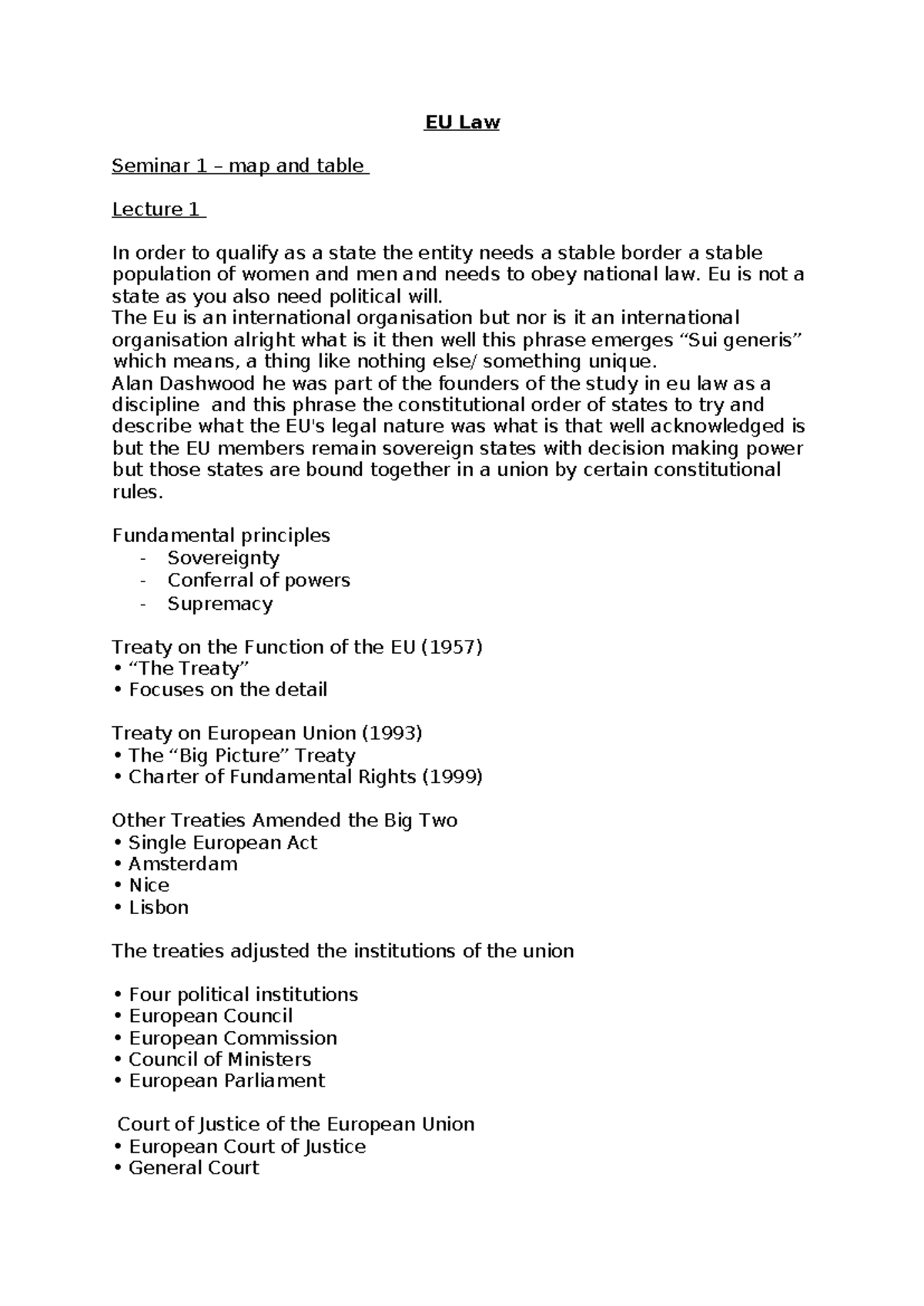 Eu Law Lecture 1 Ecxture 3 Notes Eu Law Seminar 1 Map And Table Lecture 1 In Order To