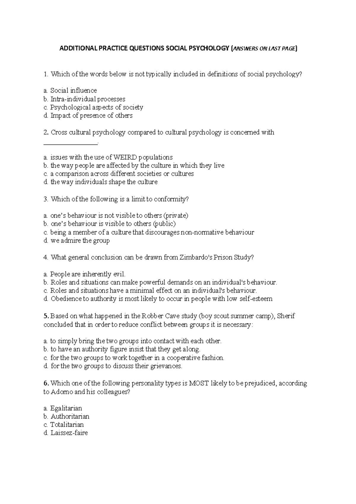 PSYC1004 Social Psychology Practice EXAM - ADDITIONAL PRACTICE ...