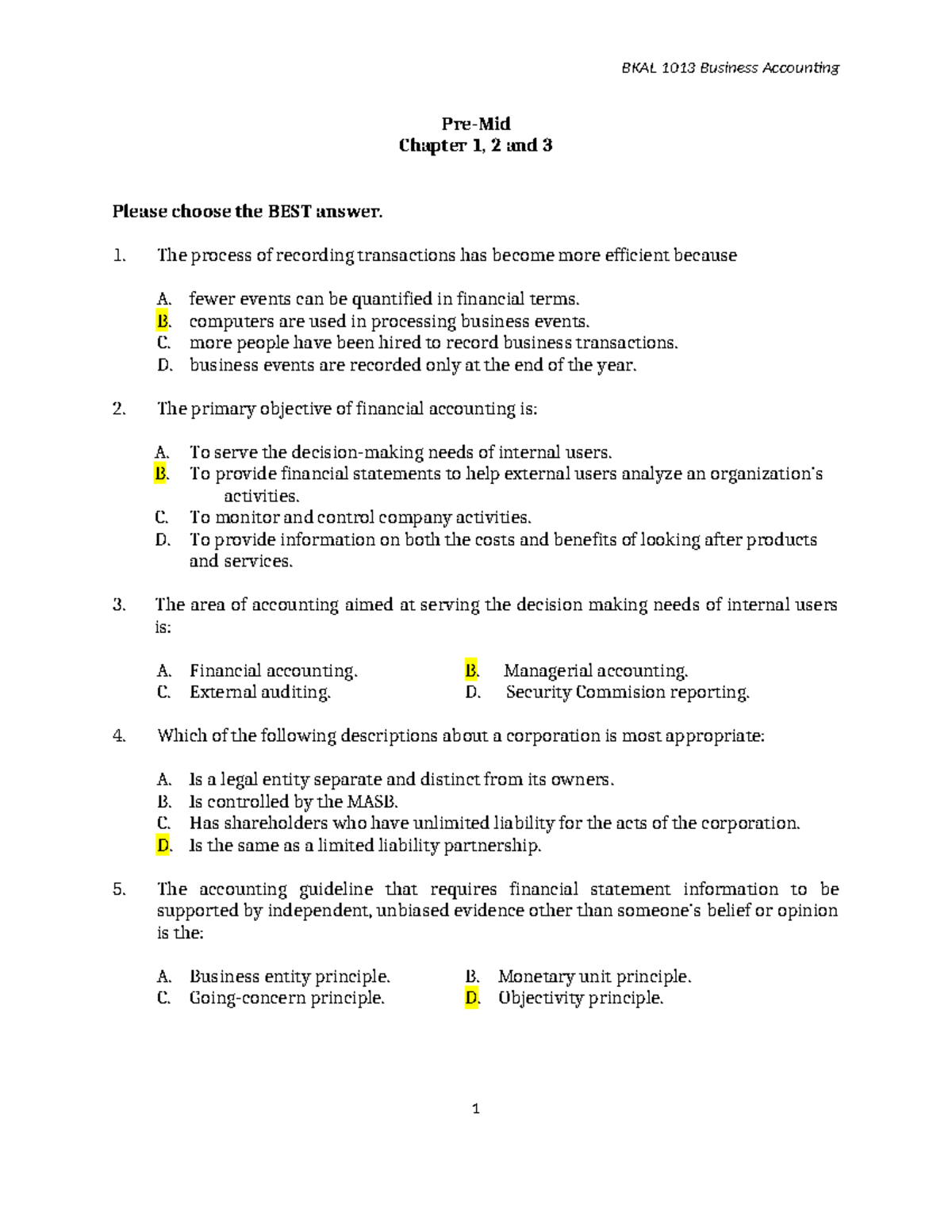 A221 Pre Mid(Chp1 3 Q) - Pre-Mid Chapter 1, 2 and 3 Please choose the ...
