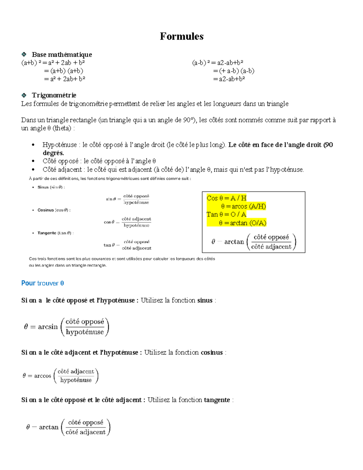 Formules et notes de cours - physique 1 - Formules Base mathématique (a ...