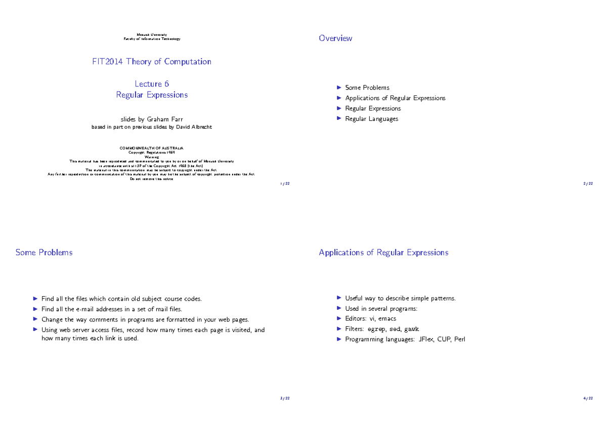 Lecture 6 - RE language - Monash University Faculty of Information Technology FIT2014 Theory of ...