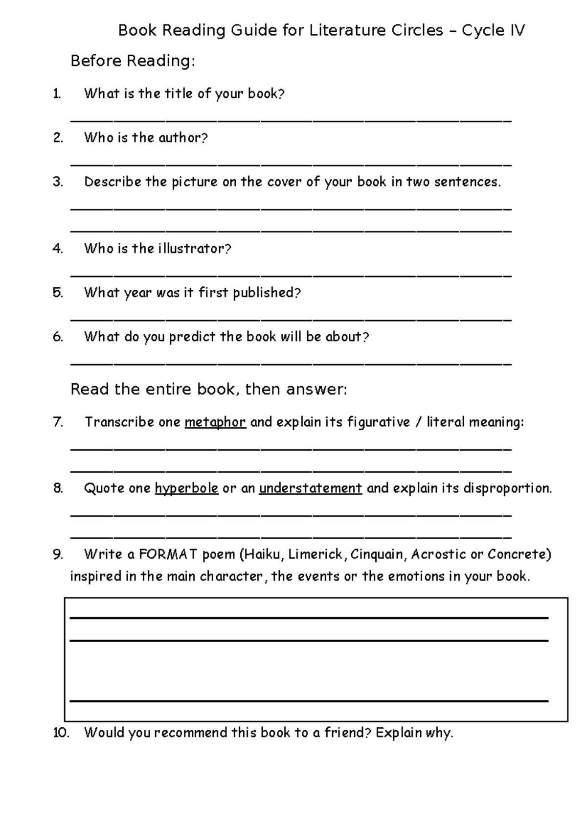 C5 Book Reading Guide Literature Circles IV - Book Reading Guide for ...
