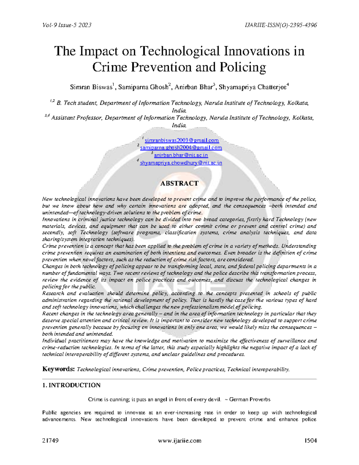 The Impact on Technological Innovations in Crime Prevention and ...