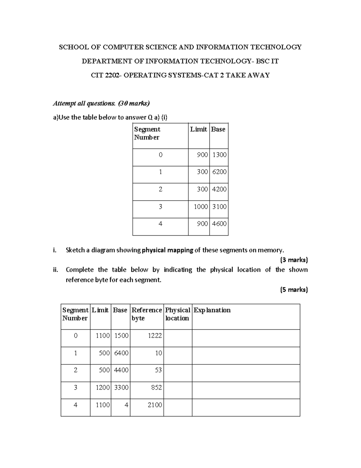 CIT 2202 CAT 2 Take away - examples of questions in programming ...