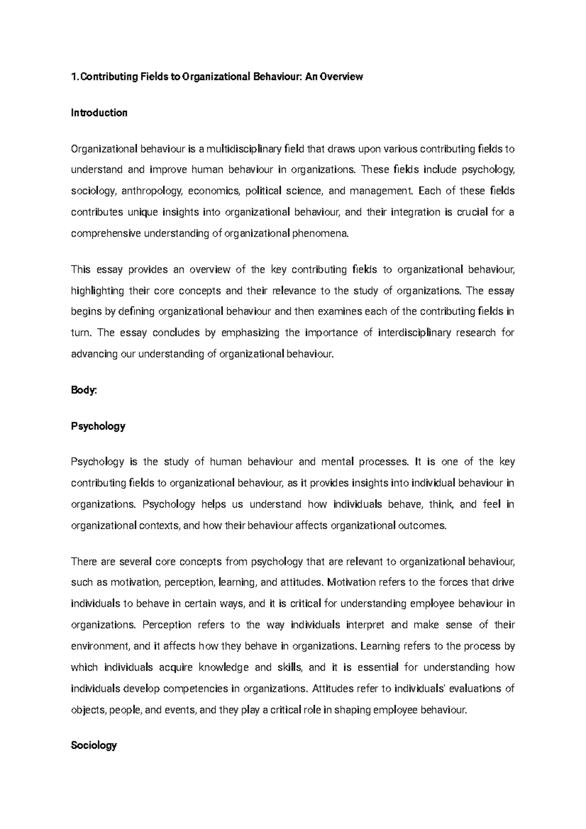 Contributing Fields To Organizational Behaviour 1 Fields To
