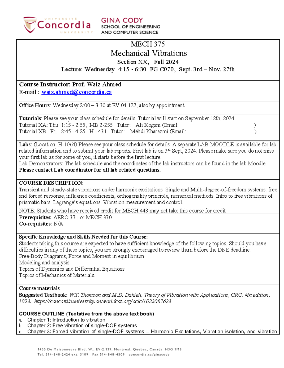 Course Outline - MECH 375 Mechanical Vibrations Section XX, Fall 2024 ...