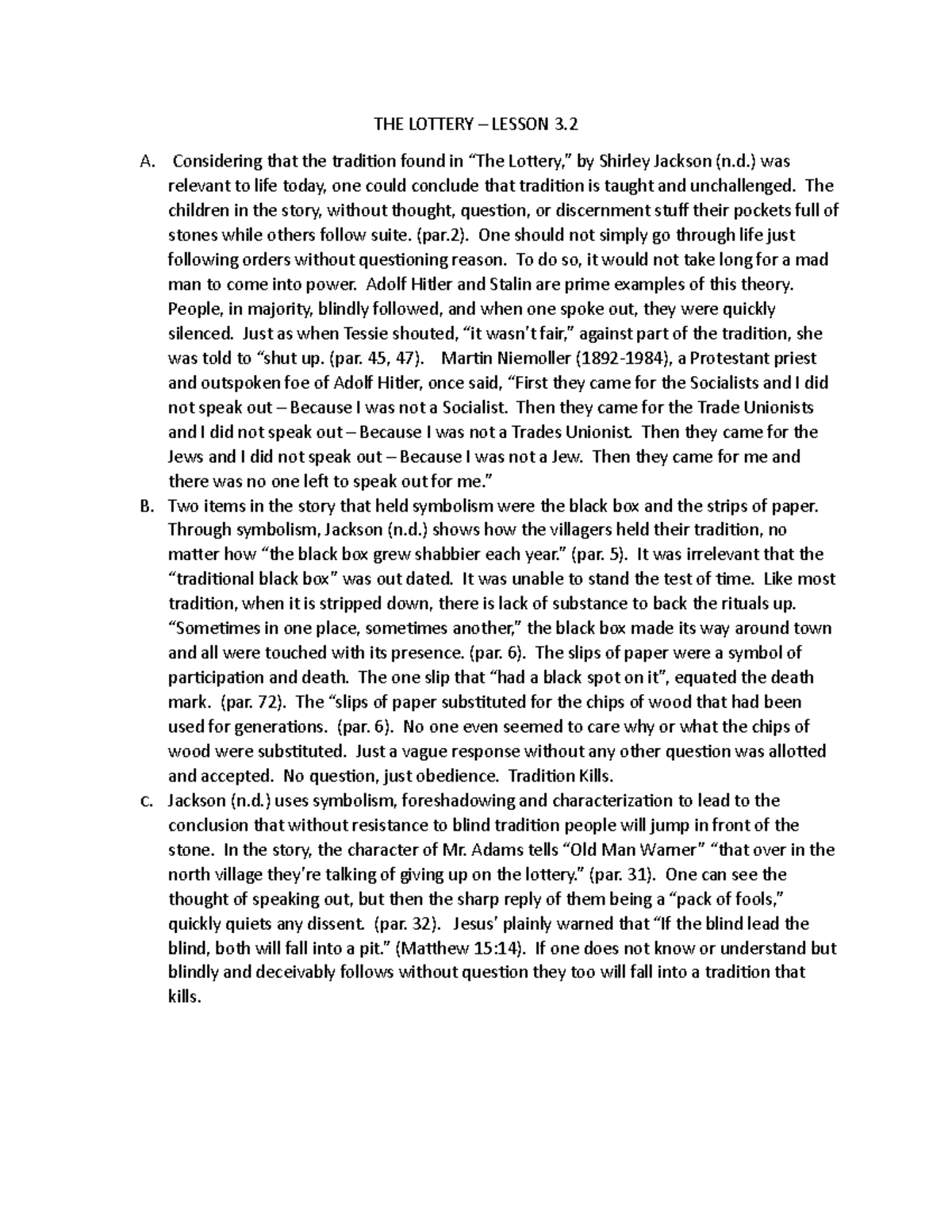 THE Lottery - Eng 110 - Descriptive writing - THE LOTTERY – LESSON 3. A ...