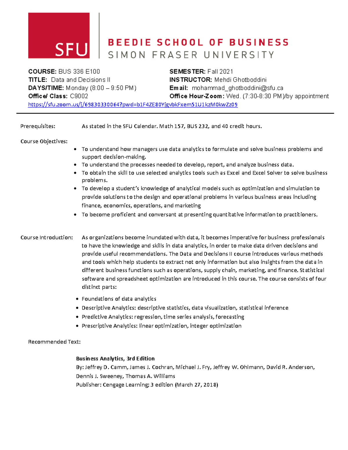 BUS 336 - E100 Outline-Students - COURSE: BUS 336 E100 SEMESTER: Fall ...