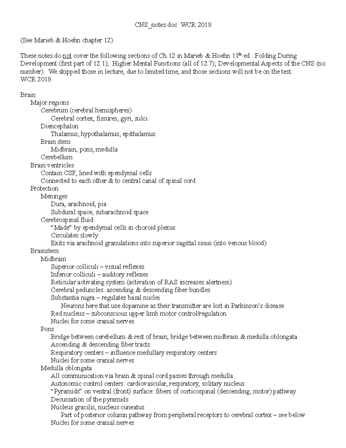 Ch12notes - Study guide for Test 9; William Rose; CNS System - CNS ...
