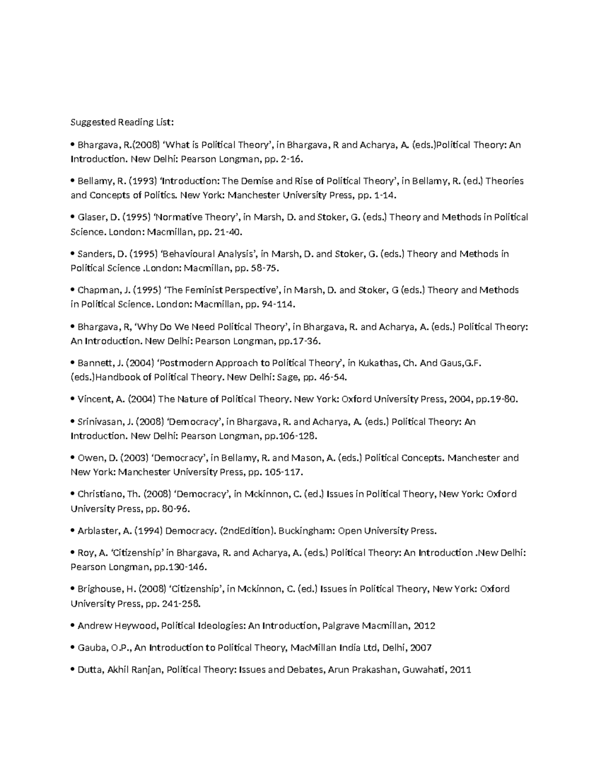 References of pol sci syllabi - Suggested Reading List: Bhargava, R ...