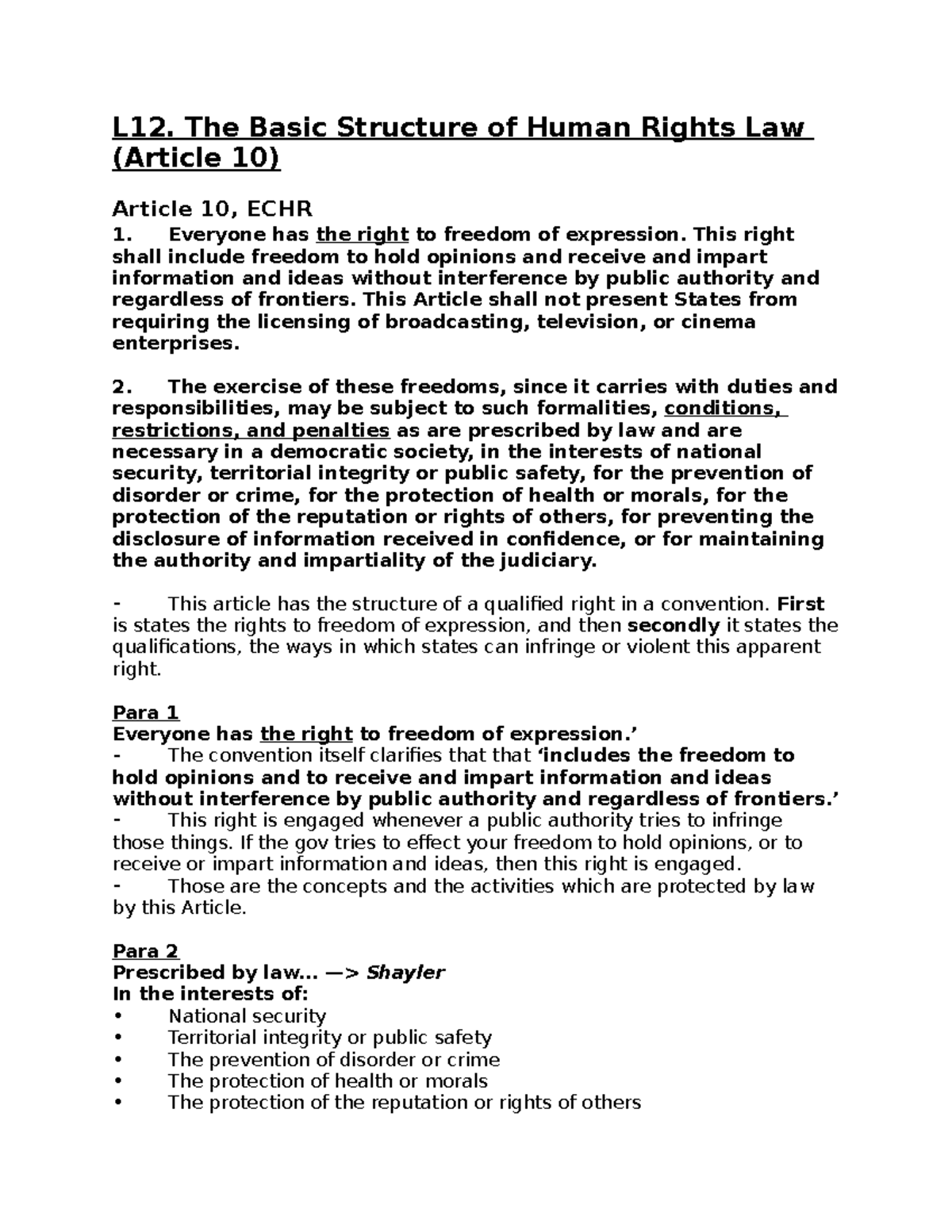 L12. The Basic Structure of Human Rights Law (Article 10) - L12. The ...