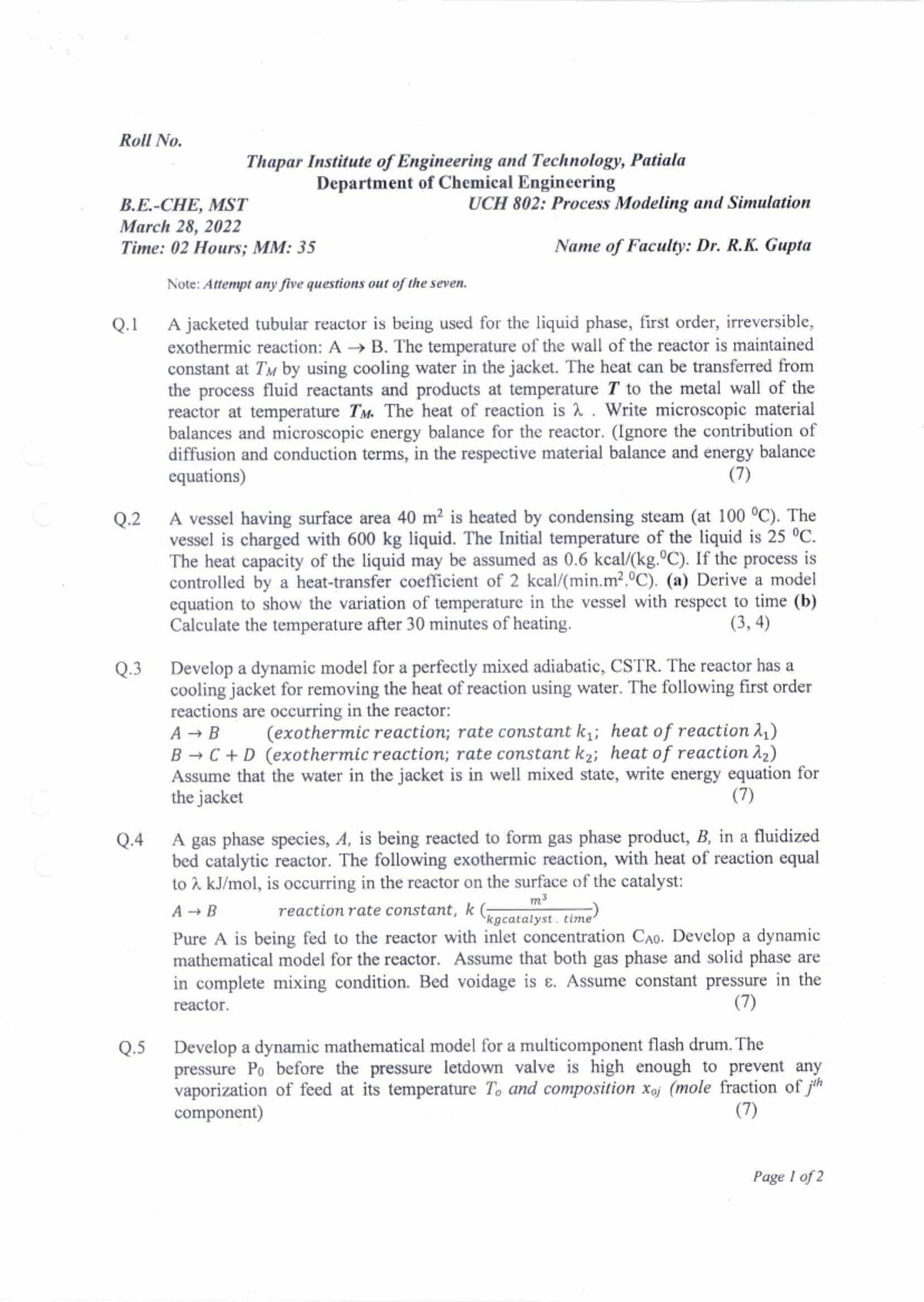 UCH802 - Question paper for practice - Roll No. Thapar Institute of ...