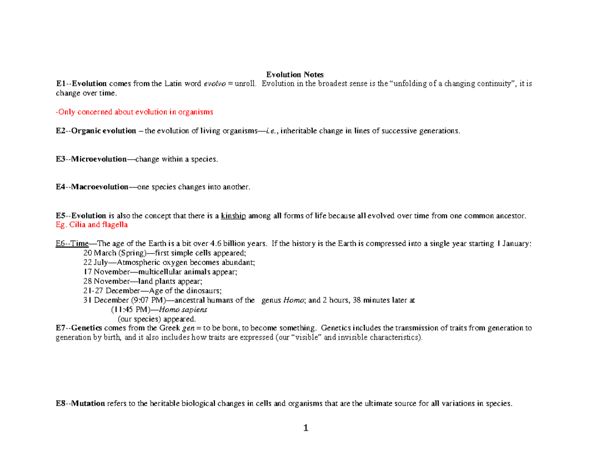 Evolution Notes - Evolution Notes E1-Evolution comes from the Latin ...