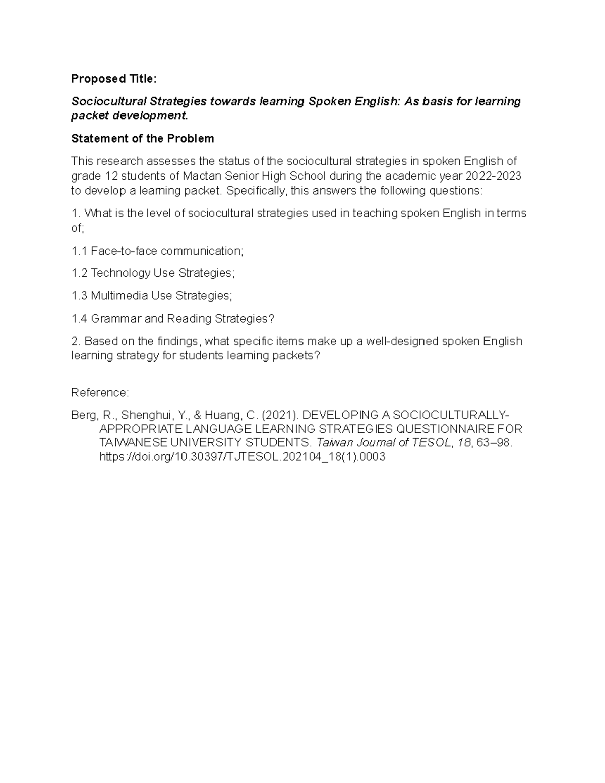 Statement Of The Problem Proposed Title Sociocultural Strategies