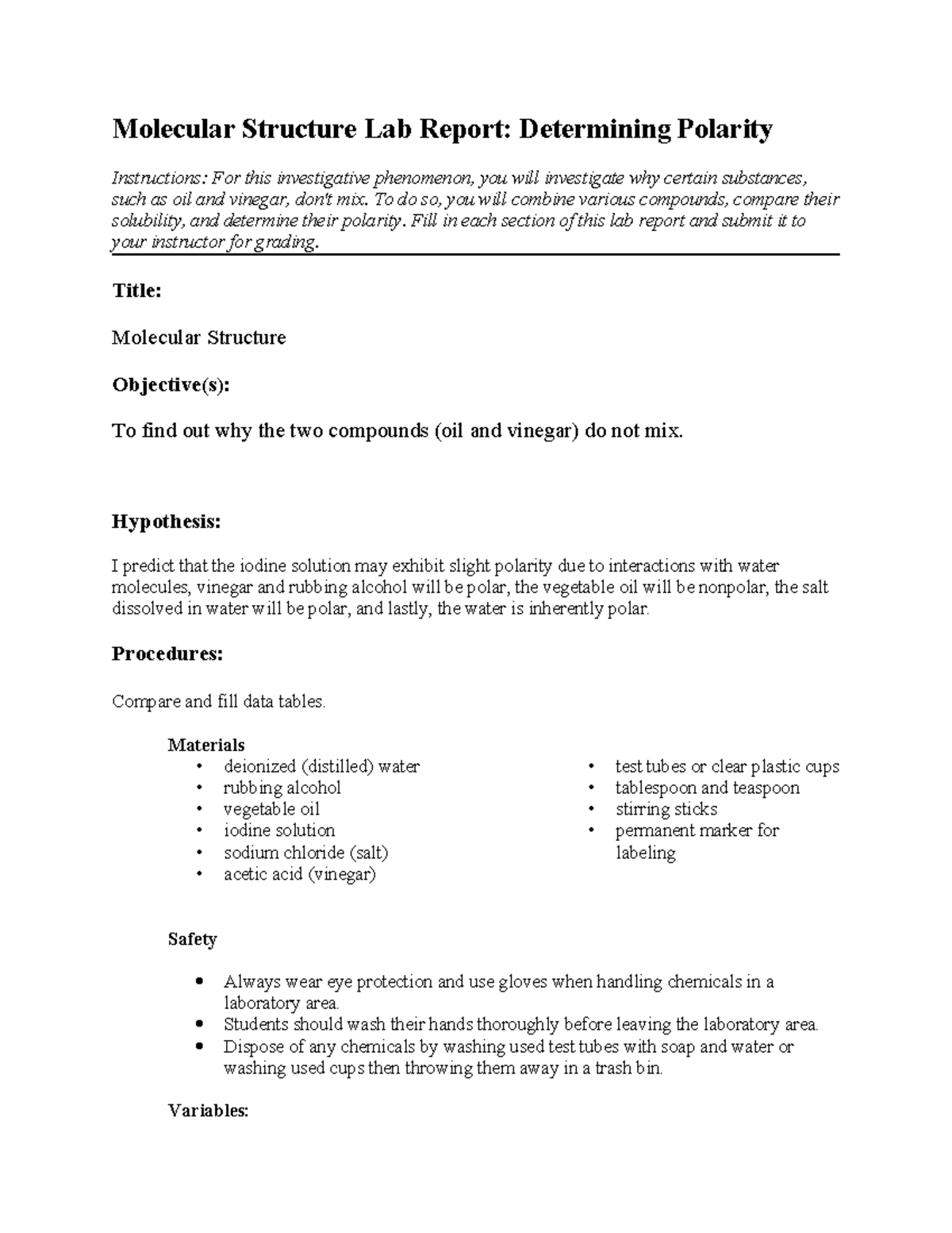 Molecular Structure Lab Report - To do so, you will combine various ...