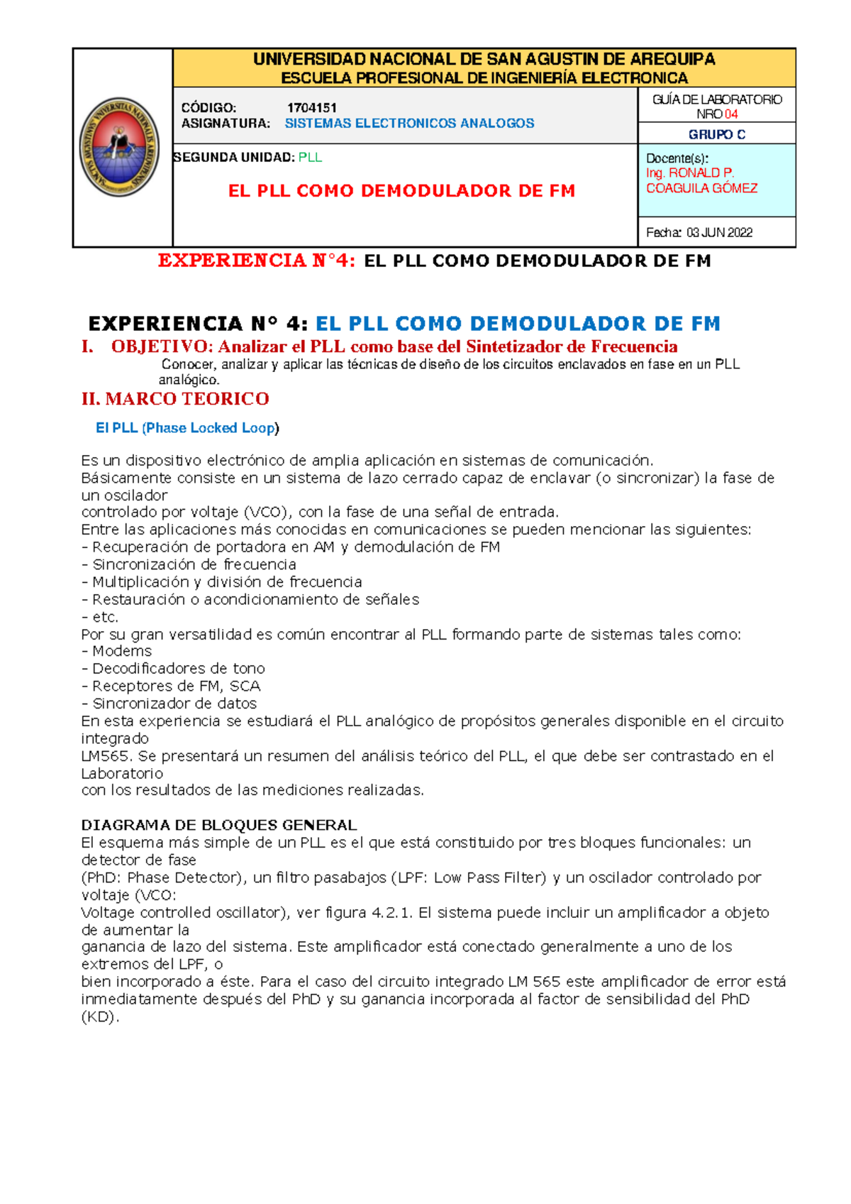 Guia 4 CTOS Analogos - UNIVERSIDAD NACIONAL DE SAN AGUSTIN DE AREQUIPA ESCUELA PROFESIONAL DE ...