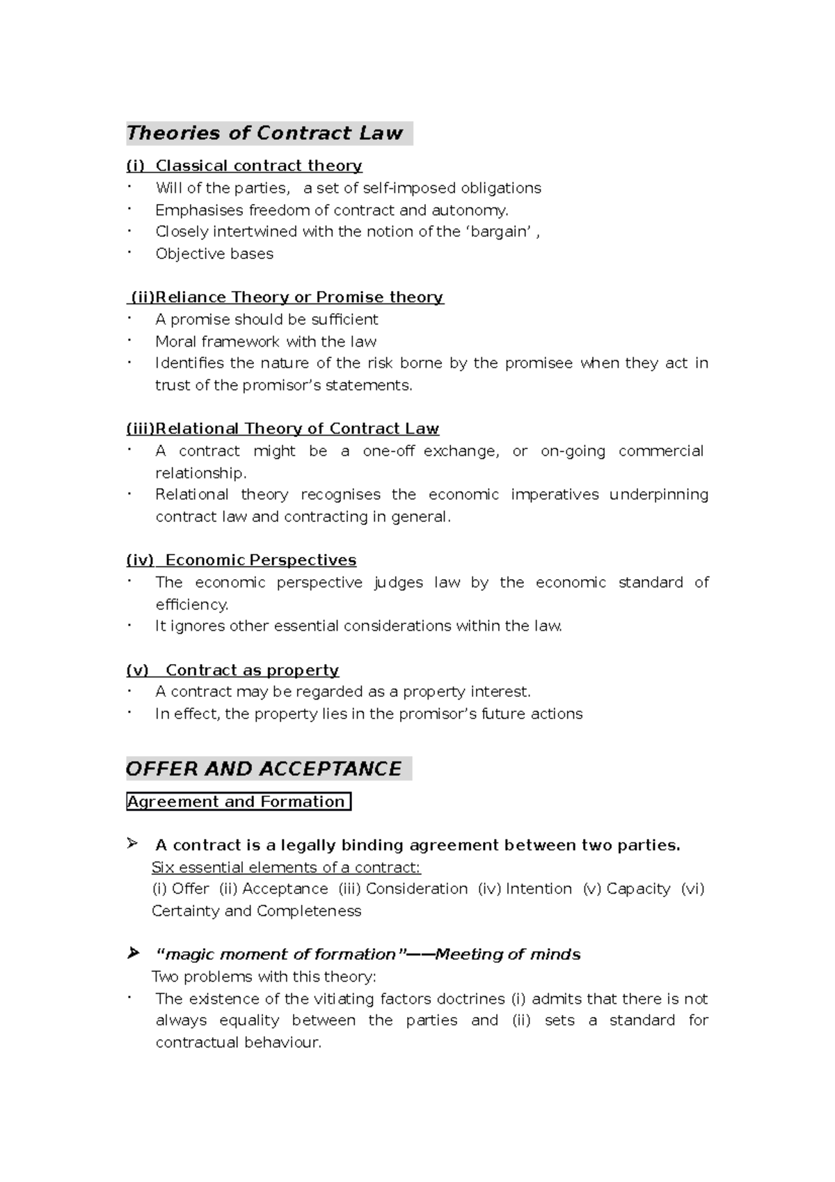 Contract Notes 1-4 - Theories of Contract Law (i) Classical contract ...