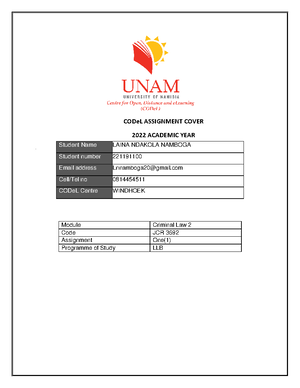 Assignment ONE - JCU3602 - Customary law - UNAM - Studocu