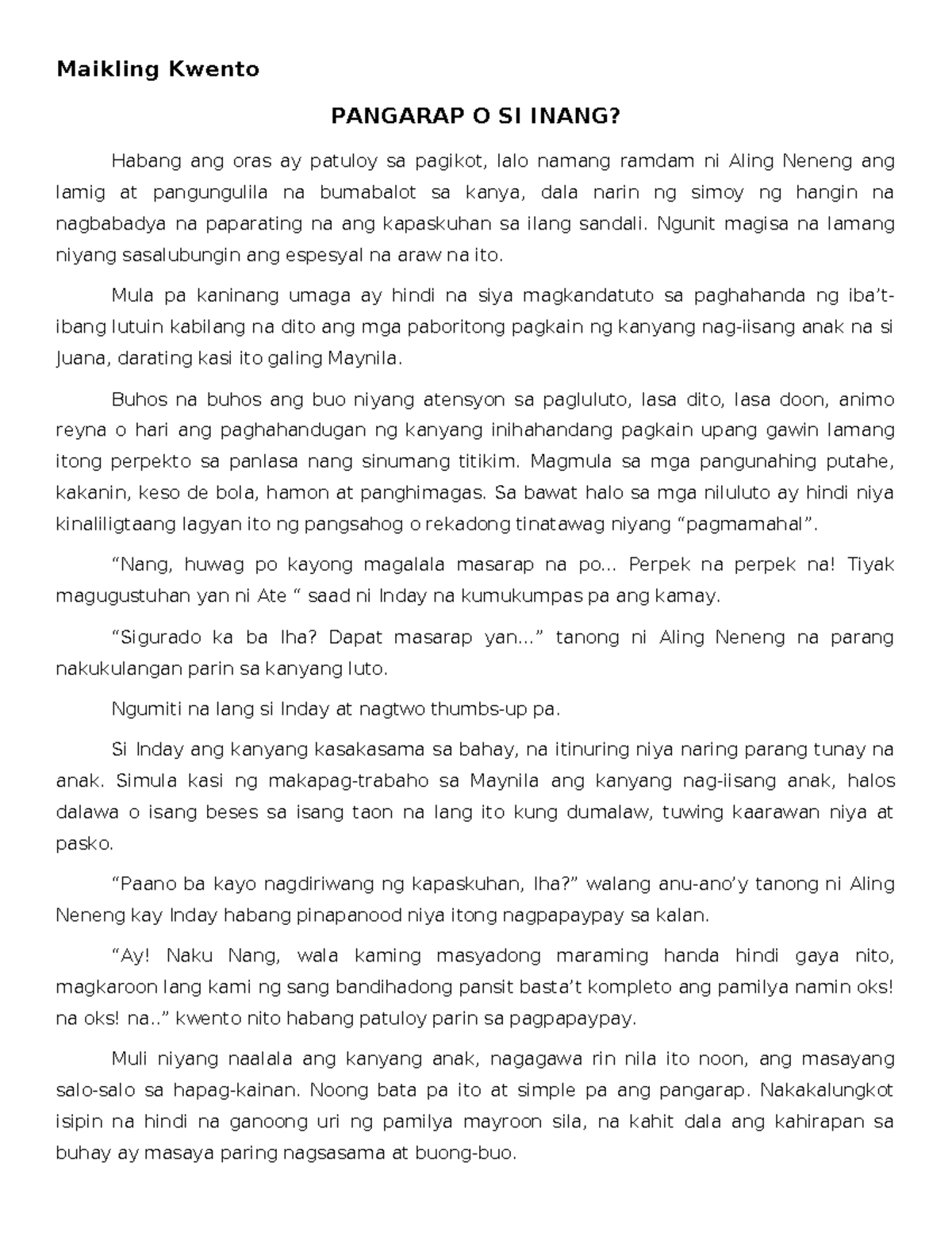 Maikling Kwento Pangarap O SI Inang - Maikling Kwento PANGARAP O SI ...