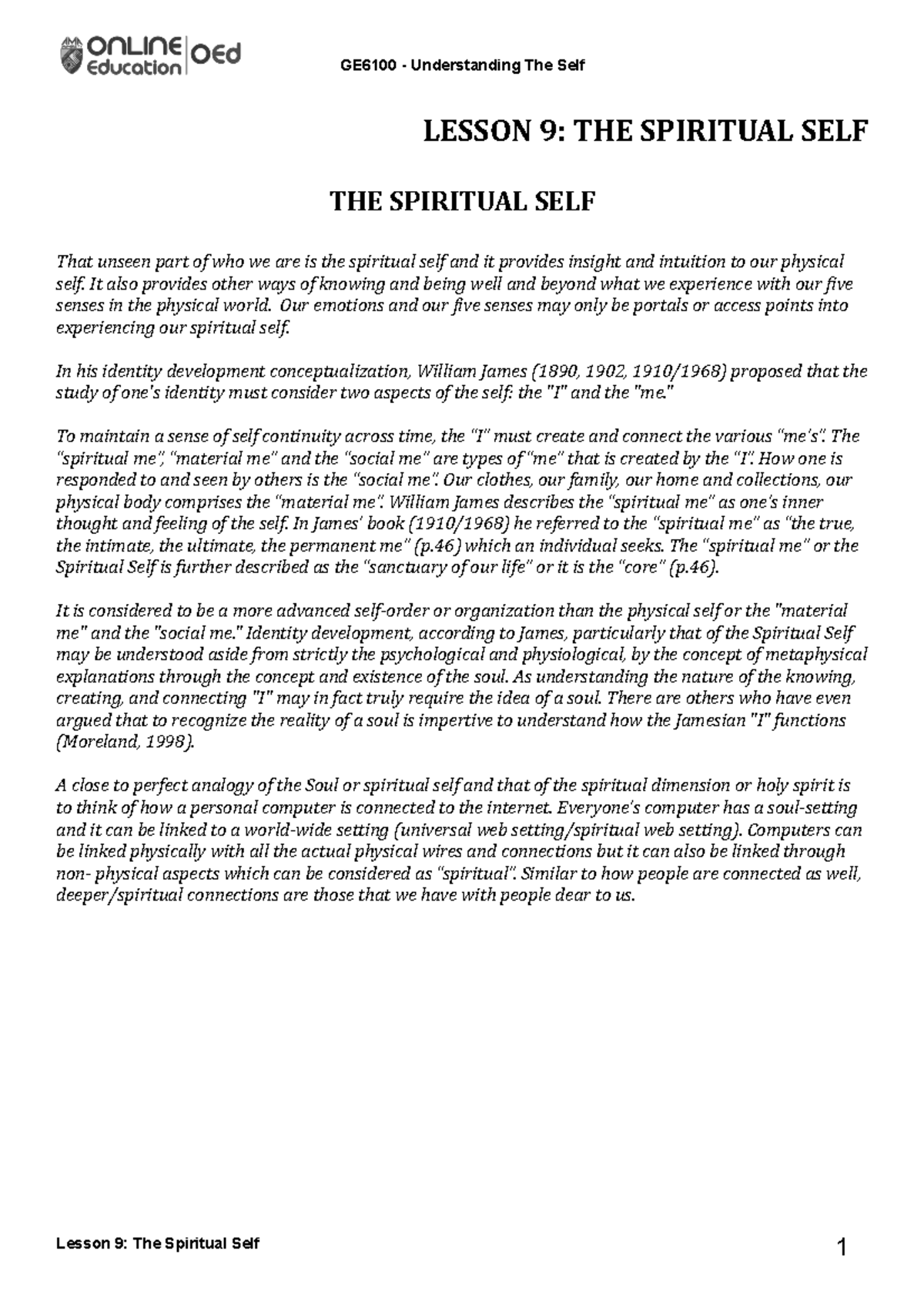 Lesson 9 - The Spiritual Self - GE6100 - Understanding The Self LESSON ...