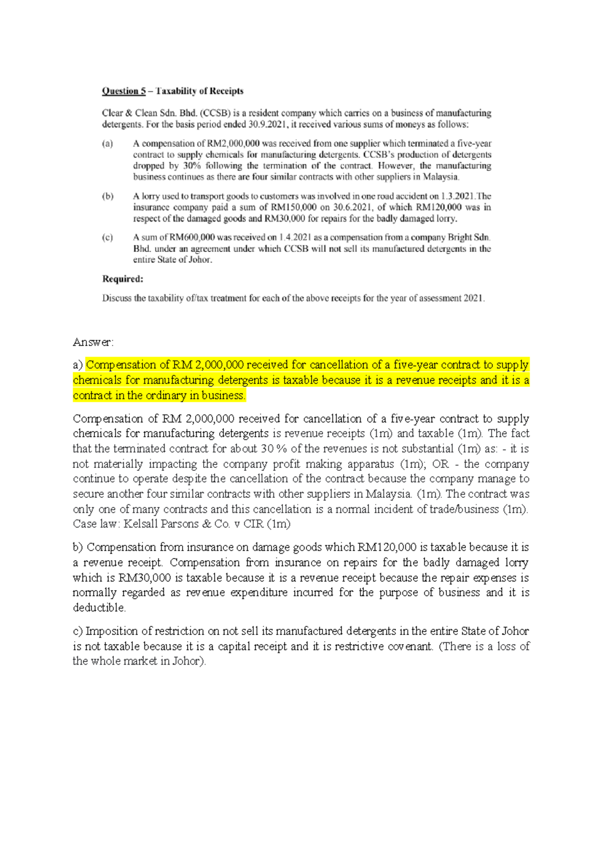 Tutorial 4 - Answer - Answer: a) Compensation of RM 2,000,000 received ...
