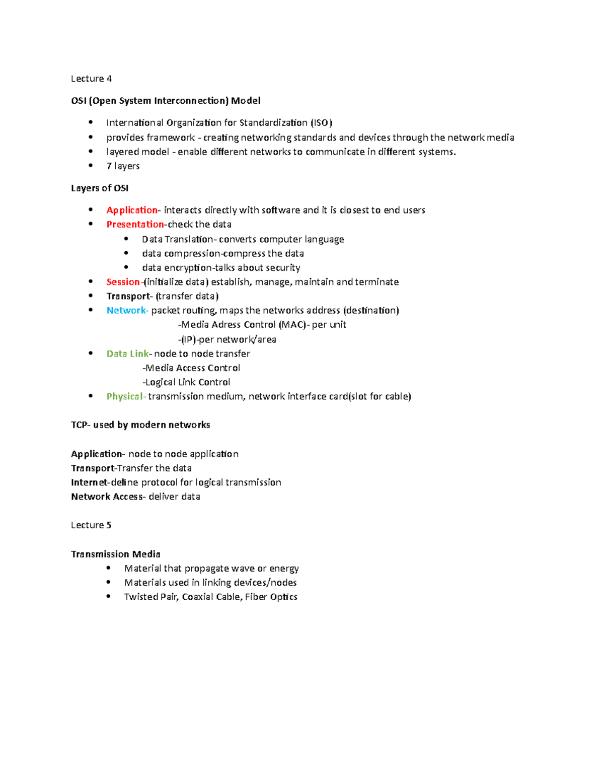 Networking (lecture 4-6) - Lecture 4 OSI (Open System Interconnection ...