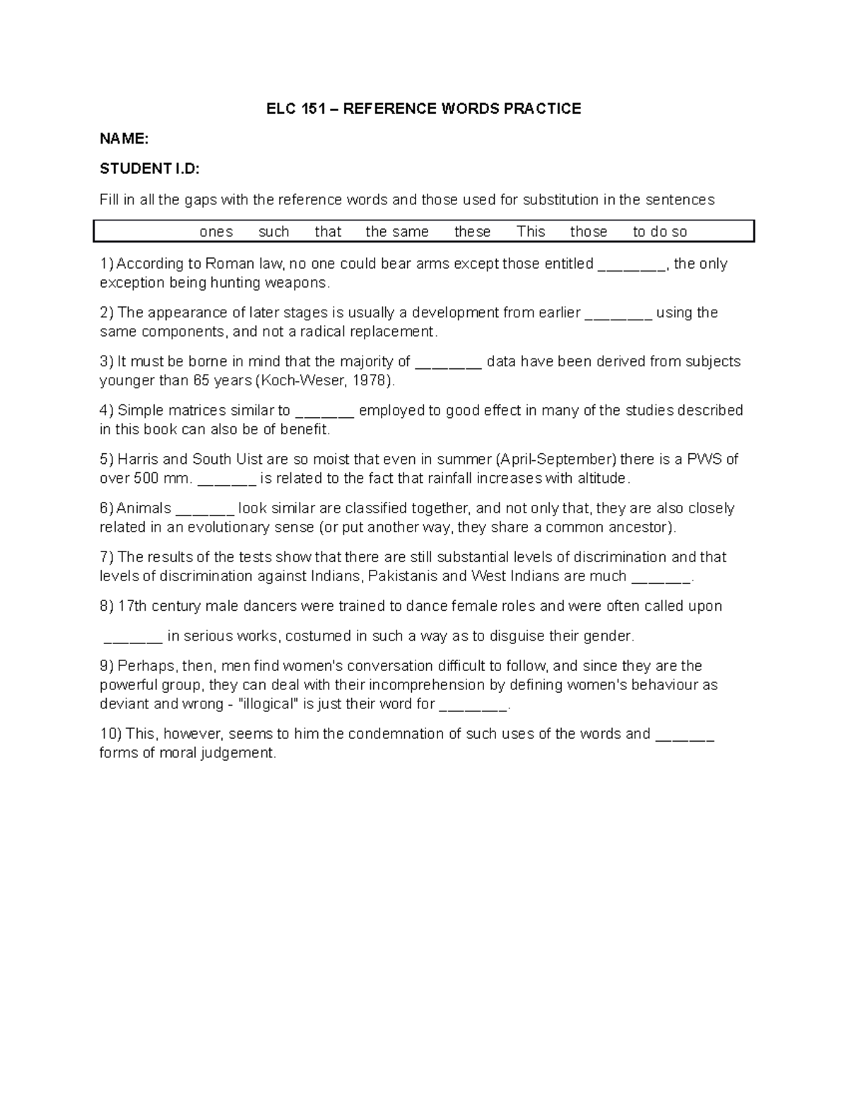 Reference words - ..... - ELC 151 – REFERENCE WORDS PRACTICE NAME ...