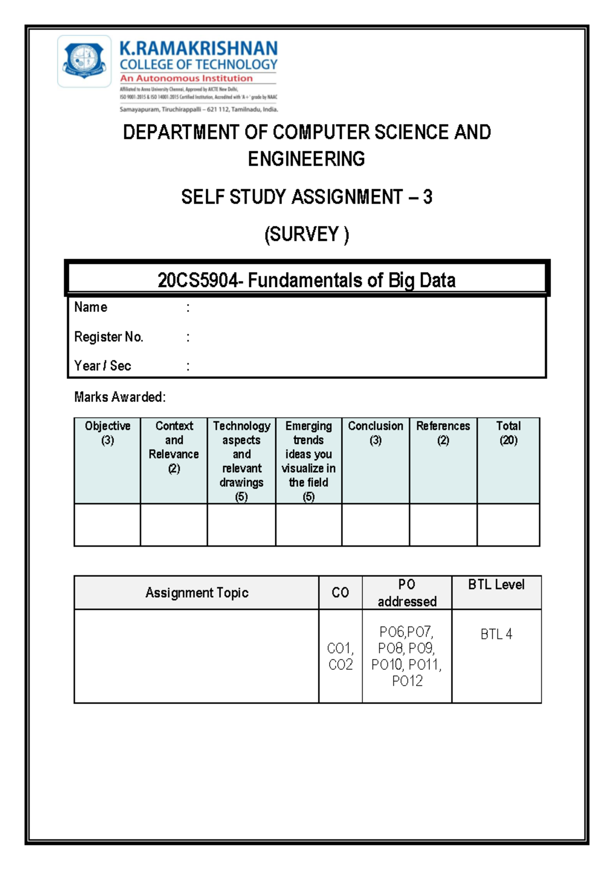 SSA 1 -CASE Study Front PAGE-1 - DEPARTMENT OF COMPUTER SCIENCE AND ENGINEERING SELF STUDY - Studocu