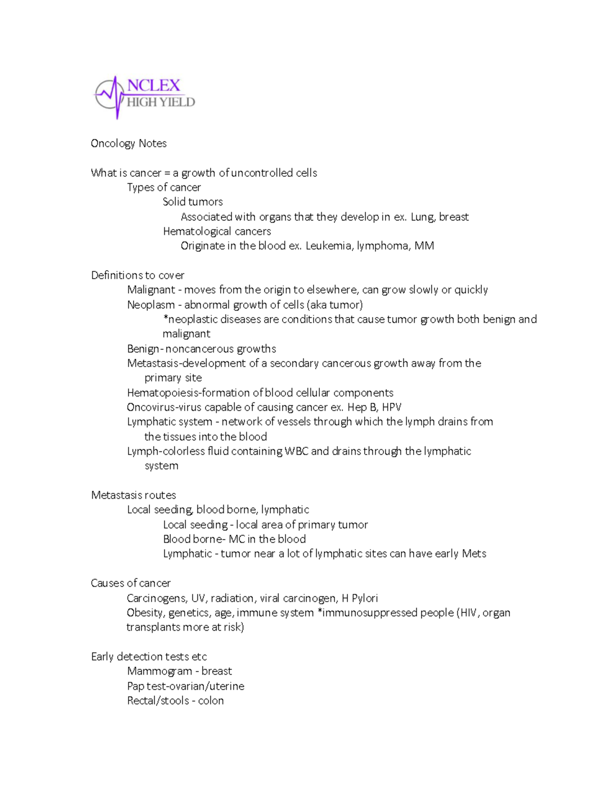 Oncology Student Notes - Nclex HIGH Yield-min - Oncology Notes What is ...