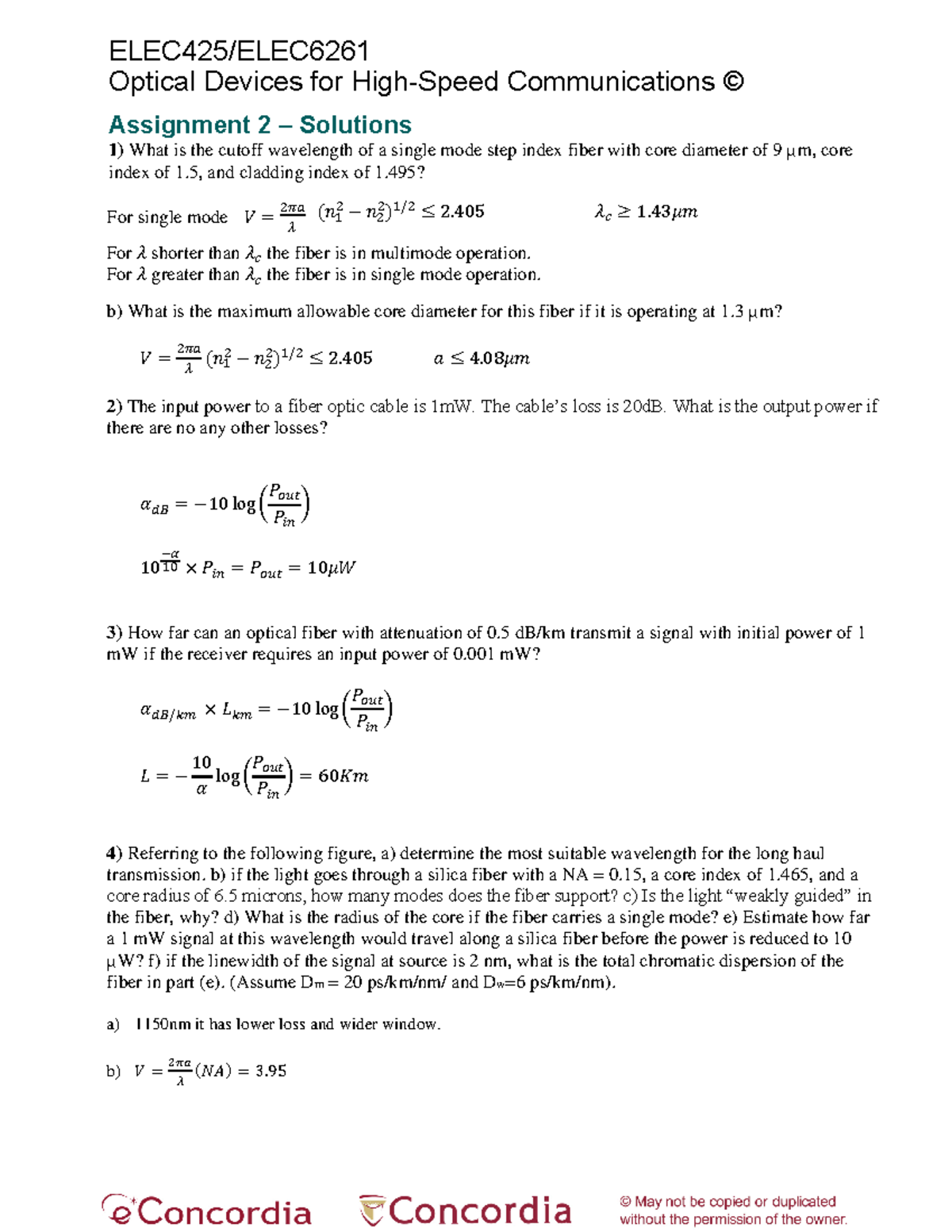 Assignment 2 Solutions - ELEC425/ELEC Optical Devices for High-Speed Communications © Assignment ...