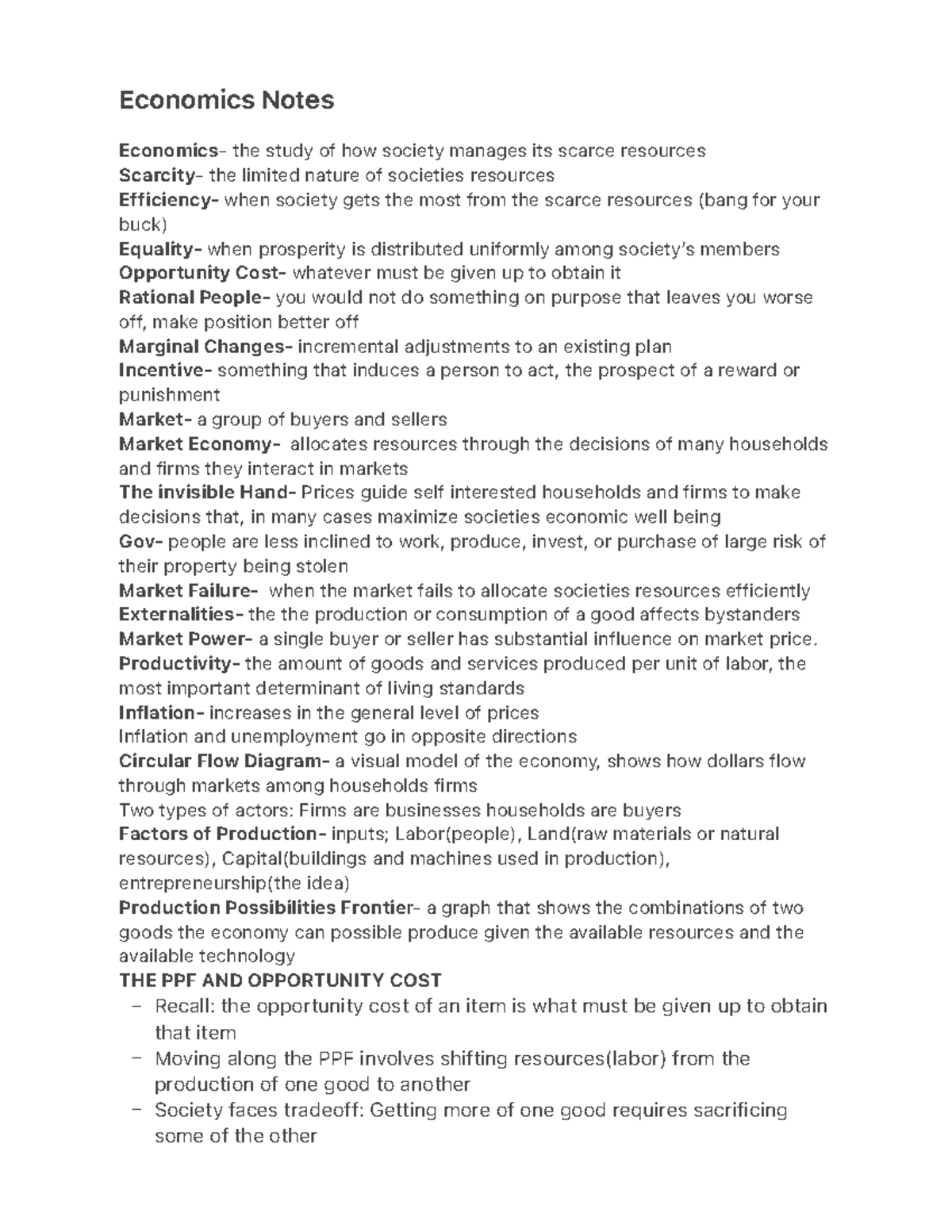 Microeconomics test 1 notes - – – – Economics Notes Economics- the ...