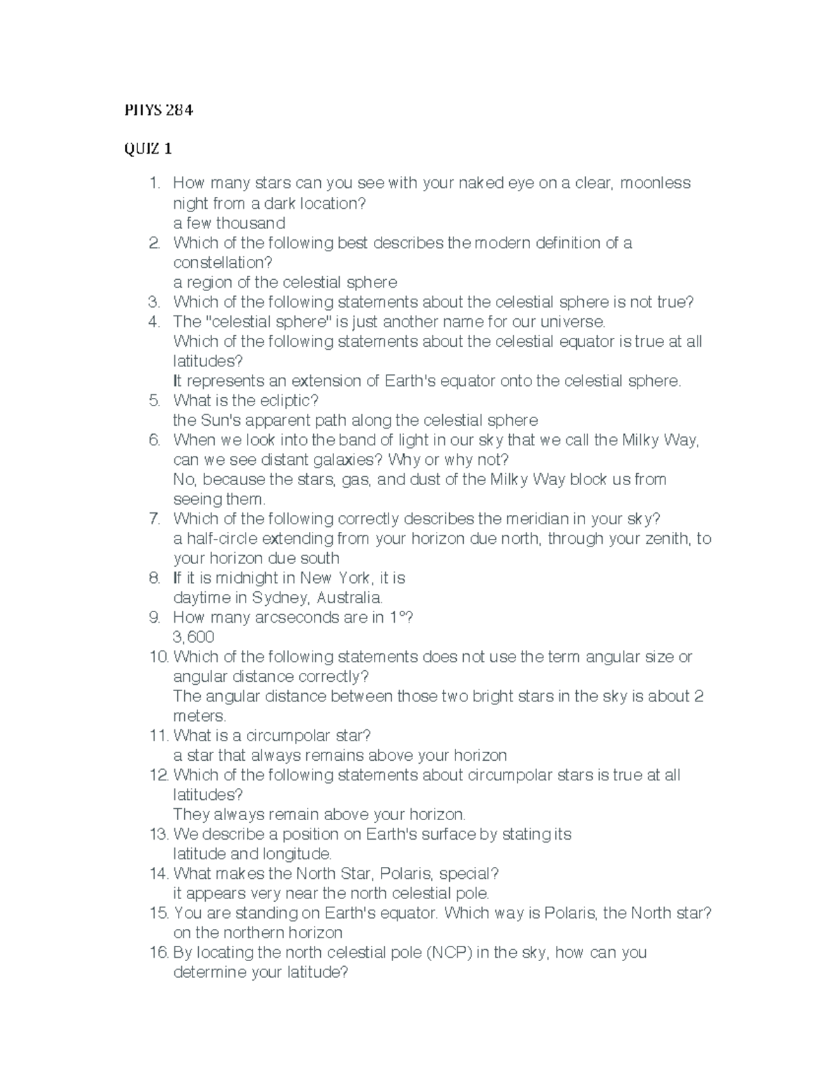 Midterm exam 2 2018, questions and answers - PHYS 284 QUIZ 1 1. How many stars can you see with ...