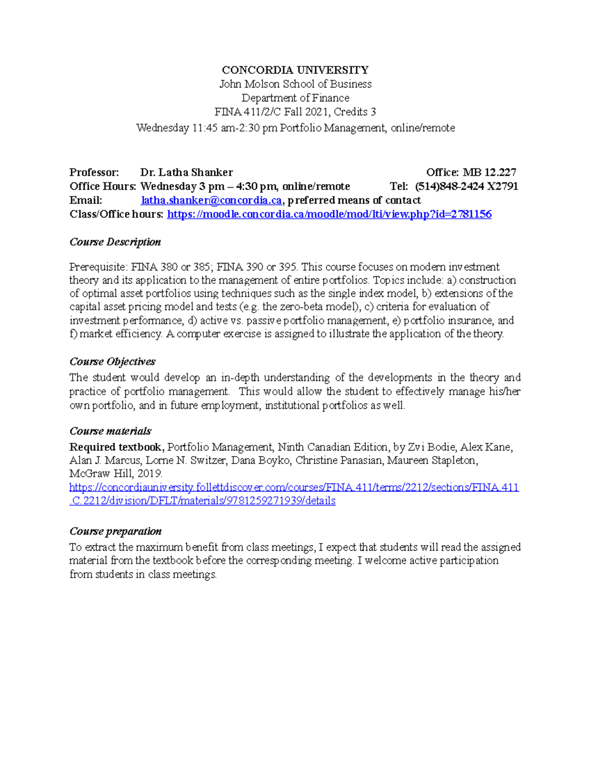 Course outline - CONCORDIA UNIVERSITY John Molson School of Business ...