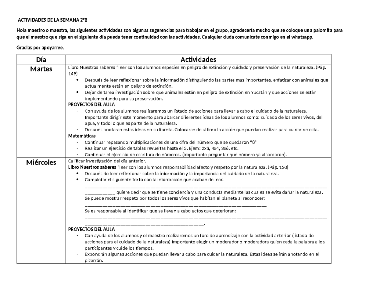 Actividades DE LA Semana 2b - ACTIVIDADES DE LA SEMANA 2°B Hola maestro ...