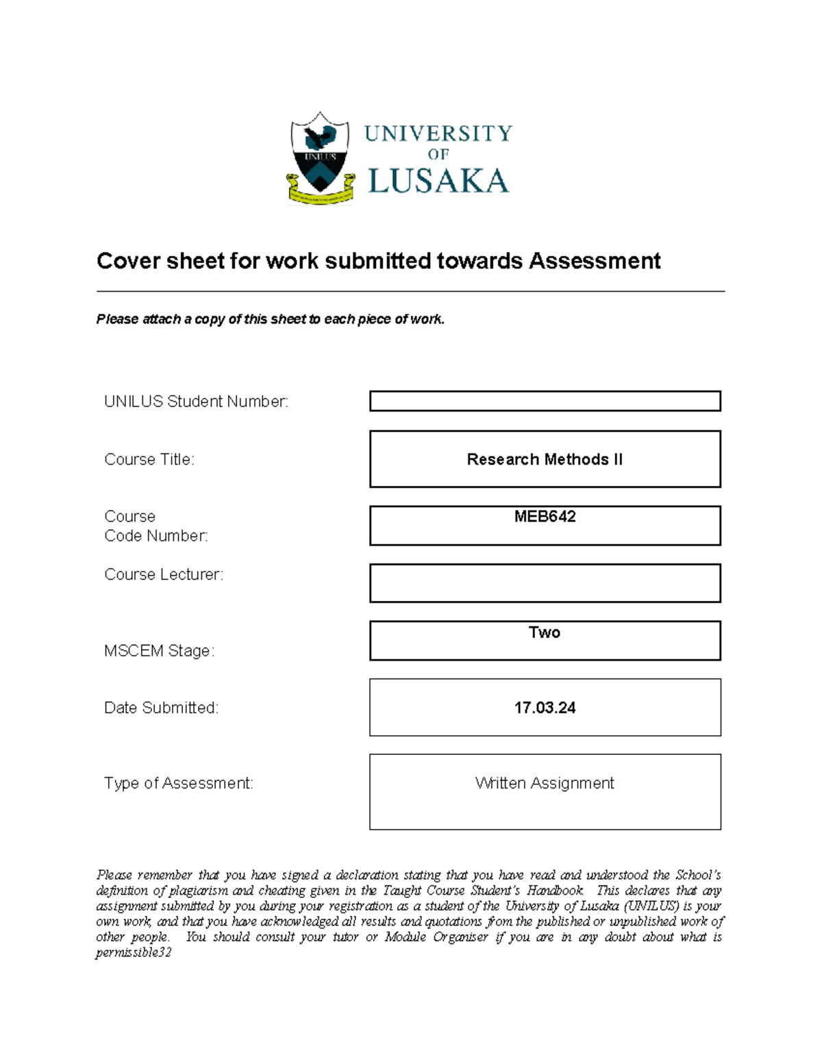 MEB642 Research Methods II - Cover sheet for work submitted towards ...