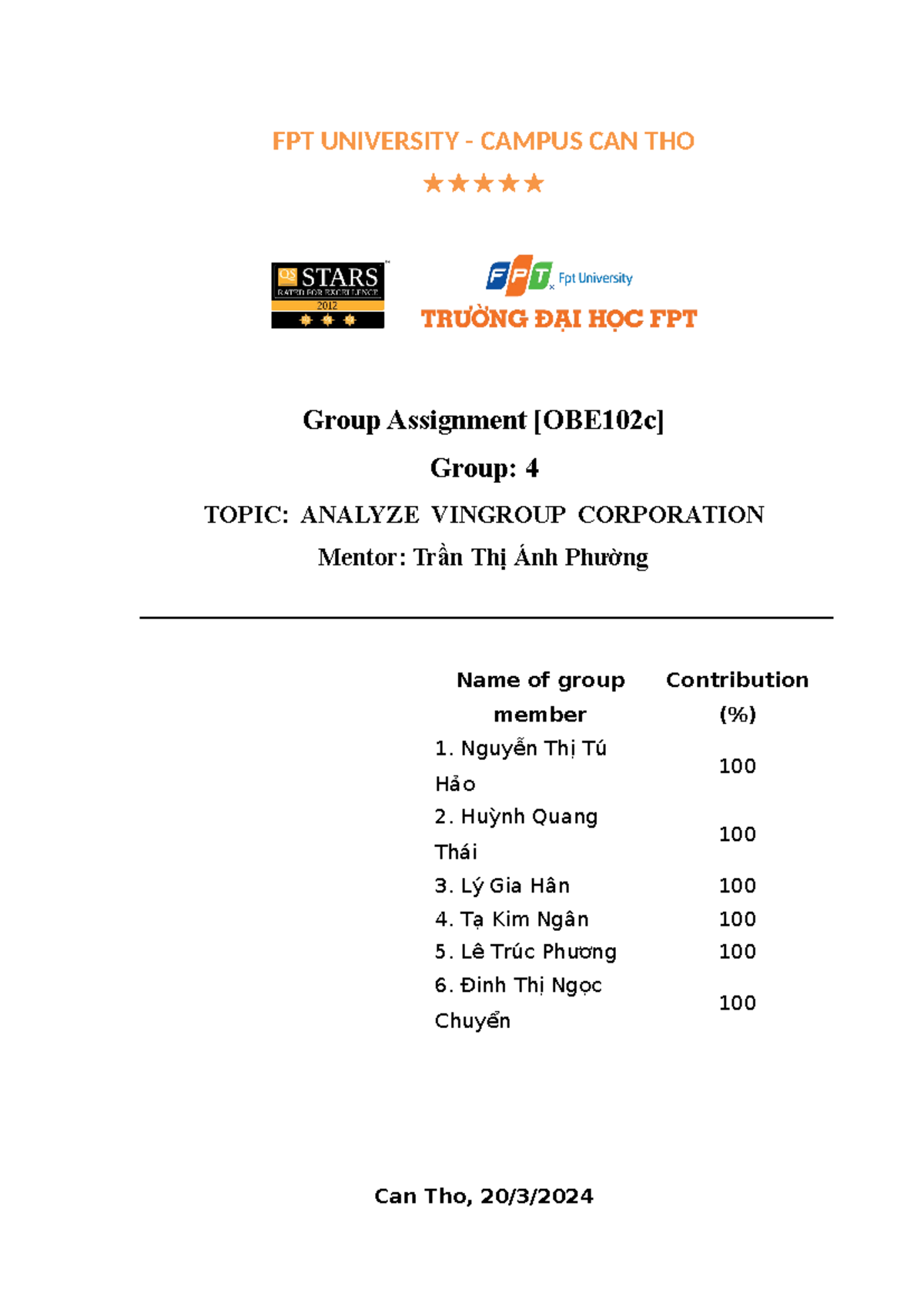 Group Assignment 3 Group 4 IB1806 OBE102c - FPT UNIVERSITY - CAMPUS CAN ...