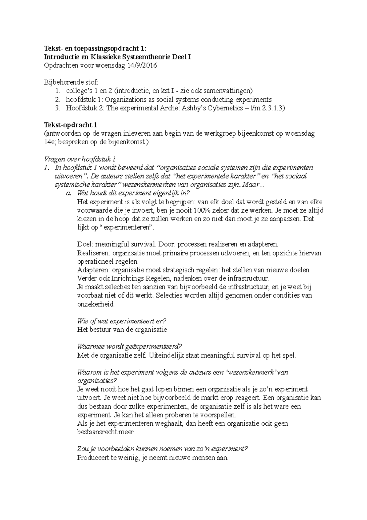 Werkcollege 1 - Tekst - en toepassingsopdracht 1: Introductie en Klassieke Systeemtheorie Deel I ...