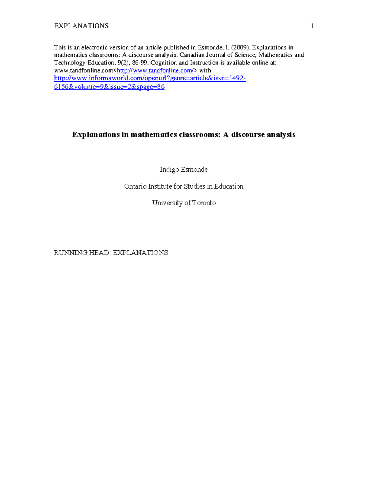 Explanations in mathematics classrooms A discourse analysis - This is ...