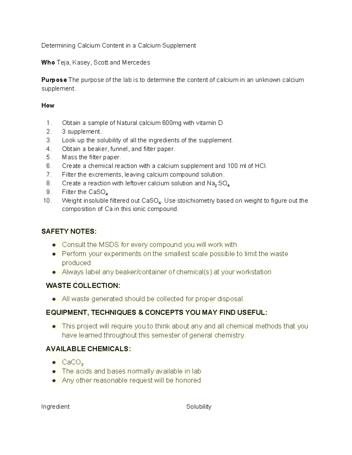 Planning for Calcium determination lab - Determining Calcium Content in ...