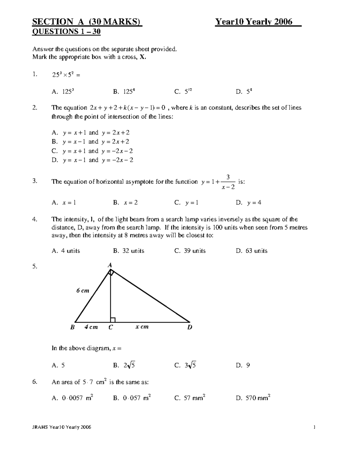 2006 Maths - SECTION A (30 MARKS) Year10 Yearly 2006 ####### 1 ...