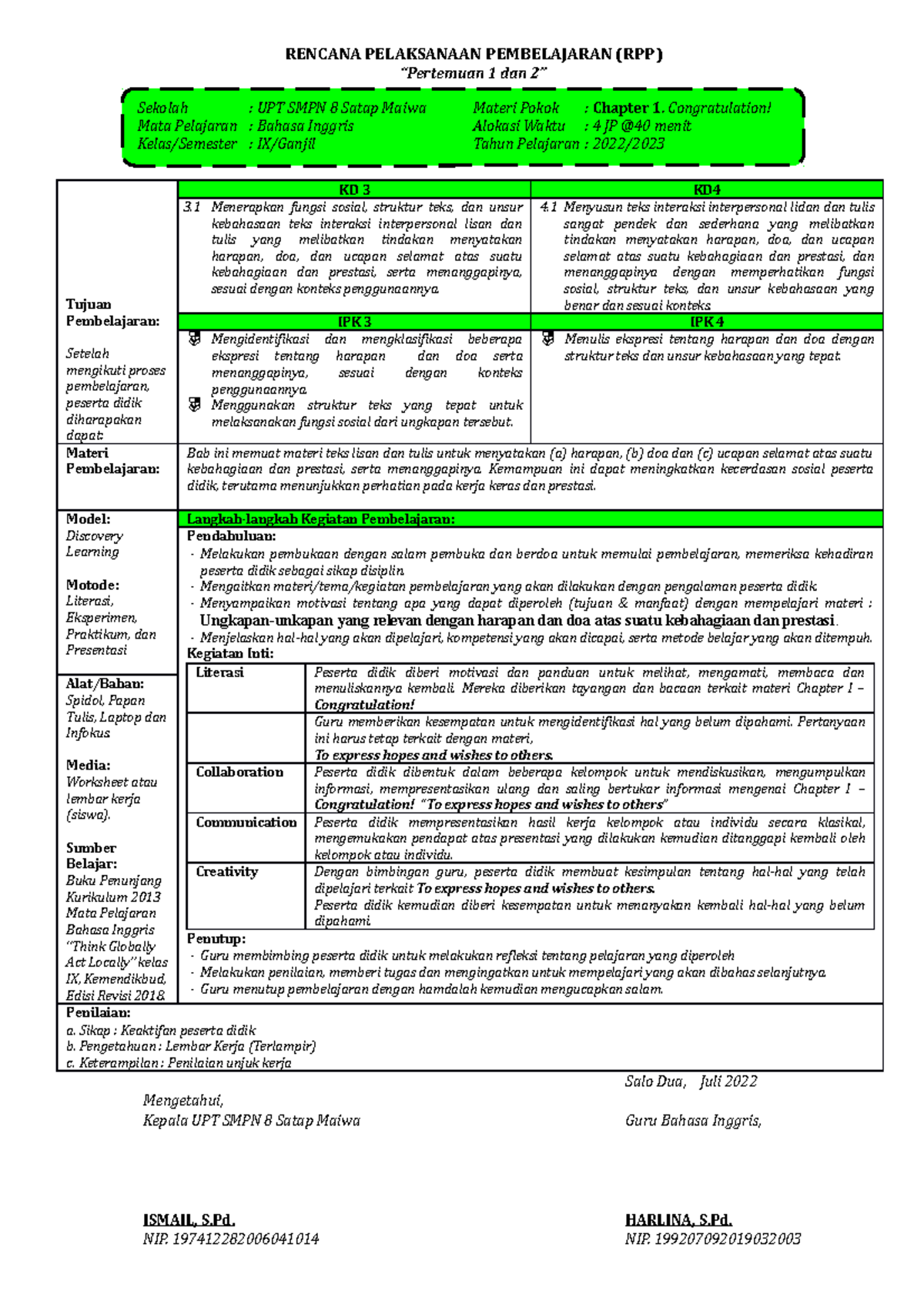 RPP KELAS 9 SMP - RENCANA PELAKSANAAN PEMBELAJARAN (RPP) “Pertemuan 1 ...