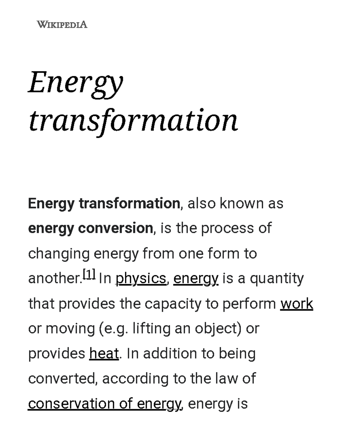Energy transformation - Wikipedia - Energy transformation Energy ...