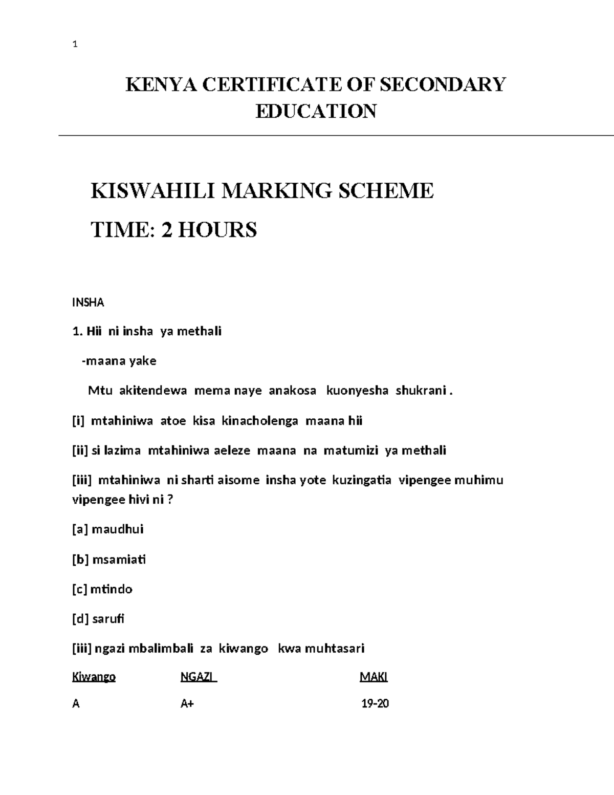 Kiswahili FORM 1 M Scheme - KENYA CERTIFICATE OF SECONDARY EDUCATION ...