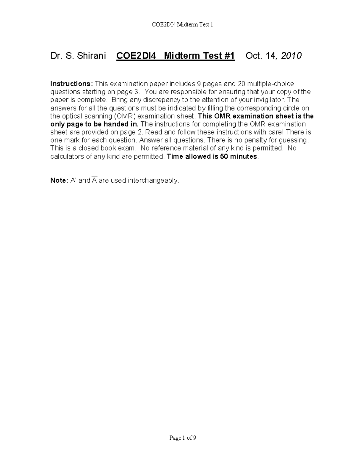 42-COMP-Engineering-2DI4-res0-Test 1 2010 Solution - Comp Eng 2Di4 ...