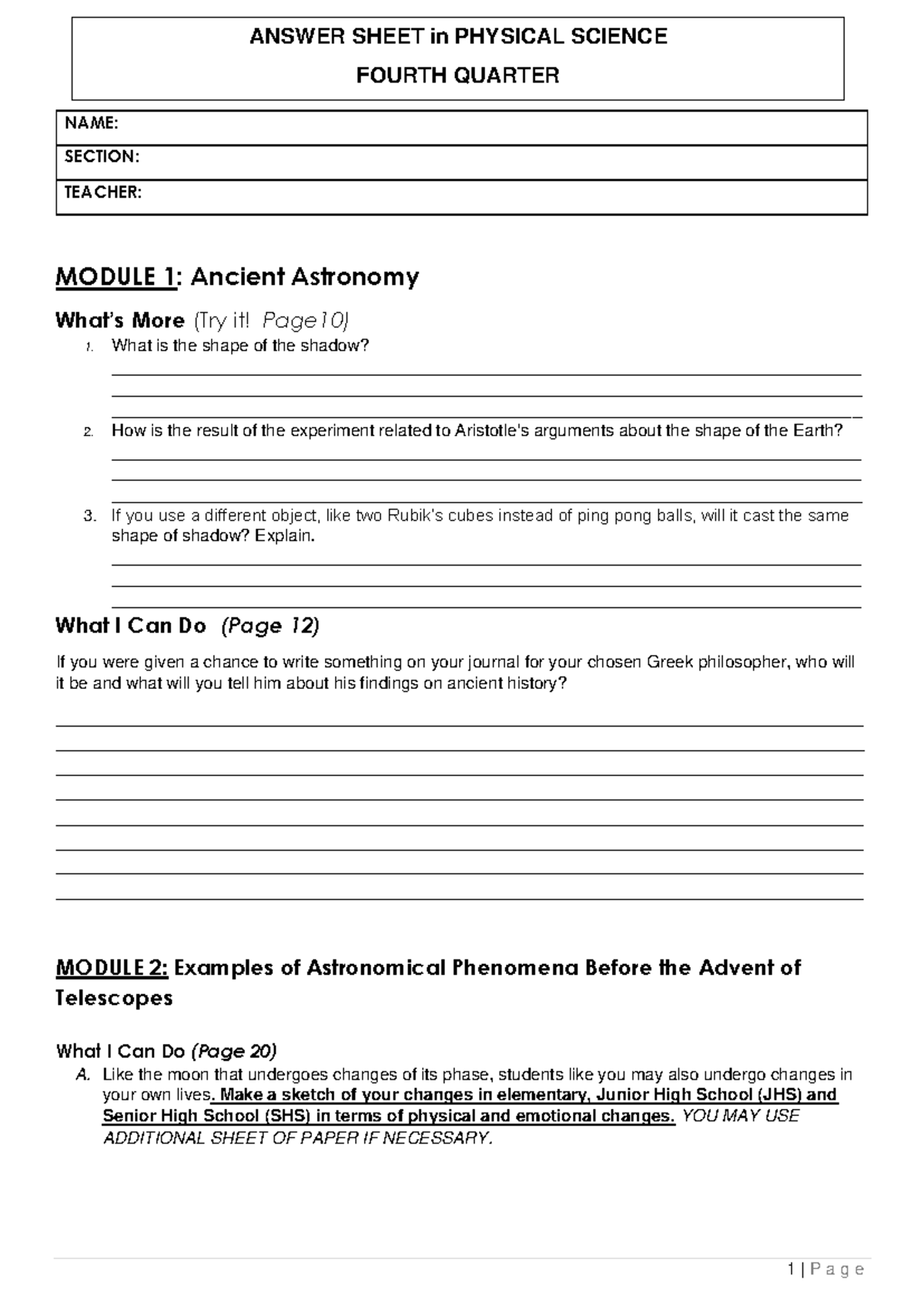 Physical SCI-Q2 - MODULE 1 : Ancient Astronomy What’s More (Try it ...