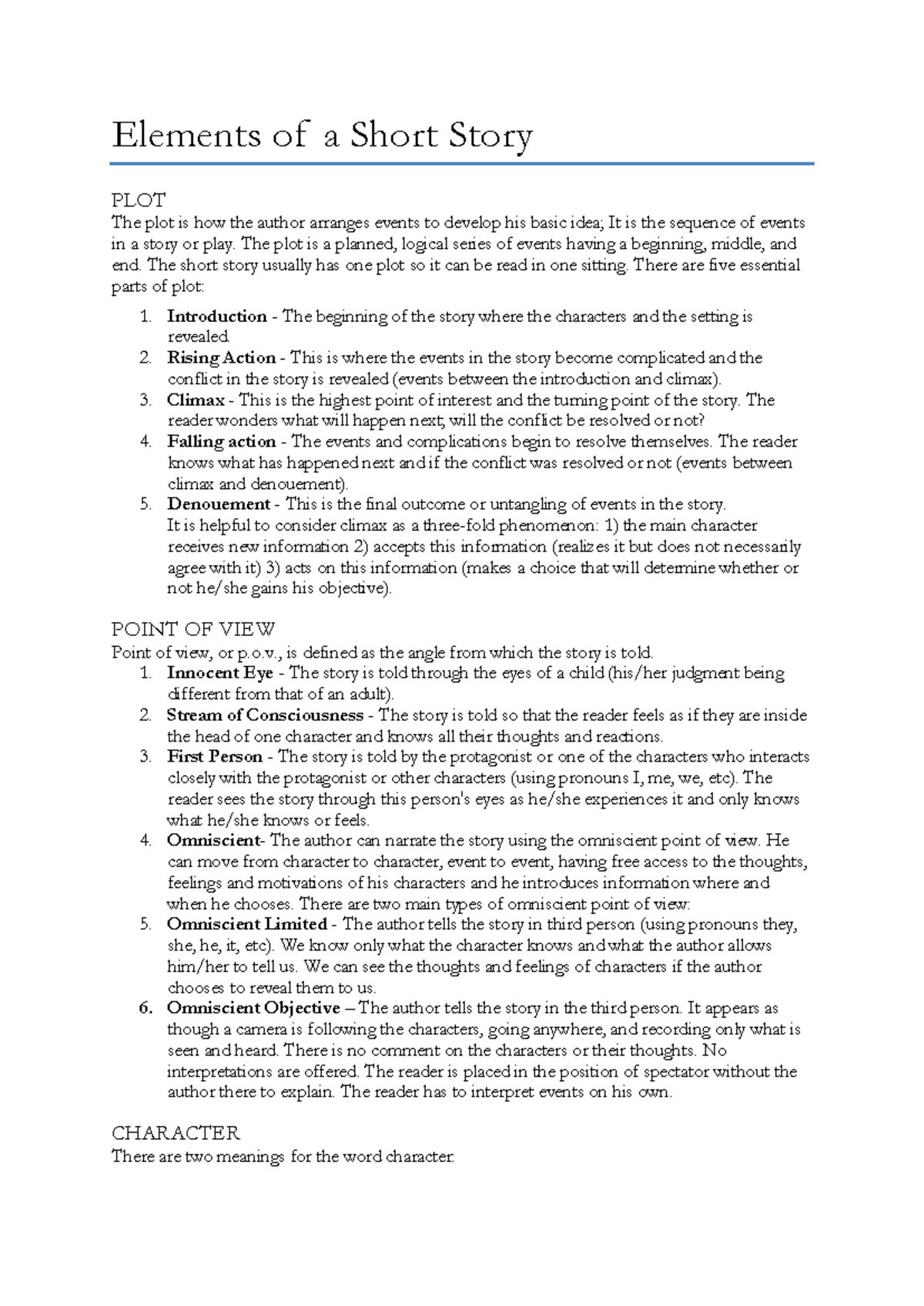 LIT handout - Elements of a Short Story PLOT The plot is how the author ...