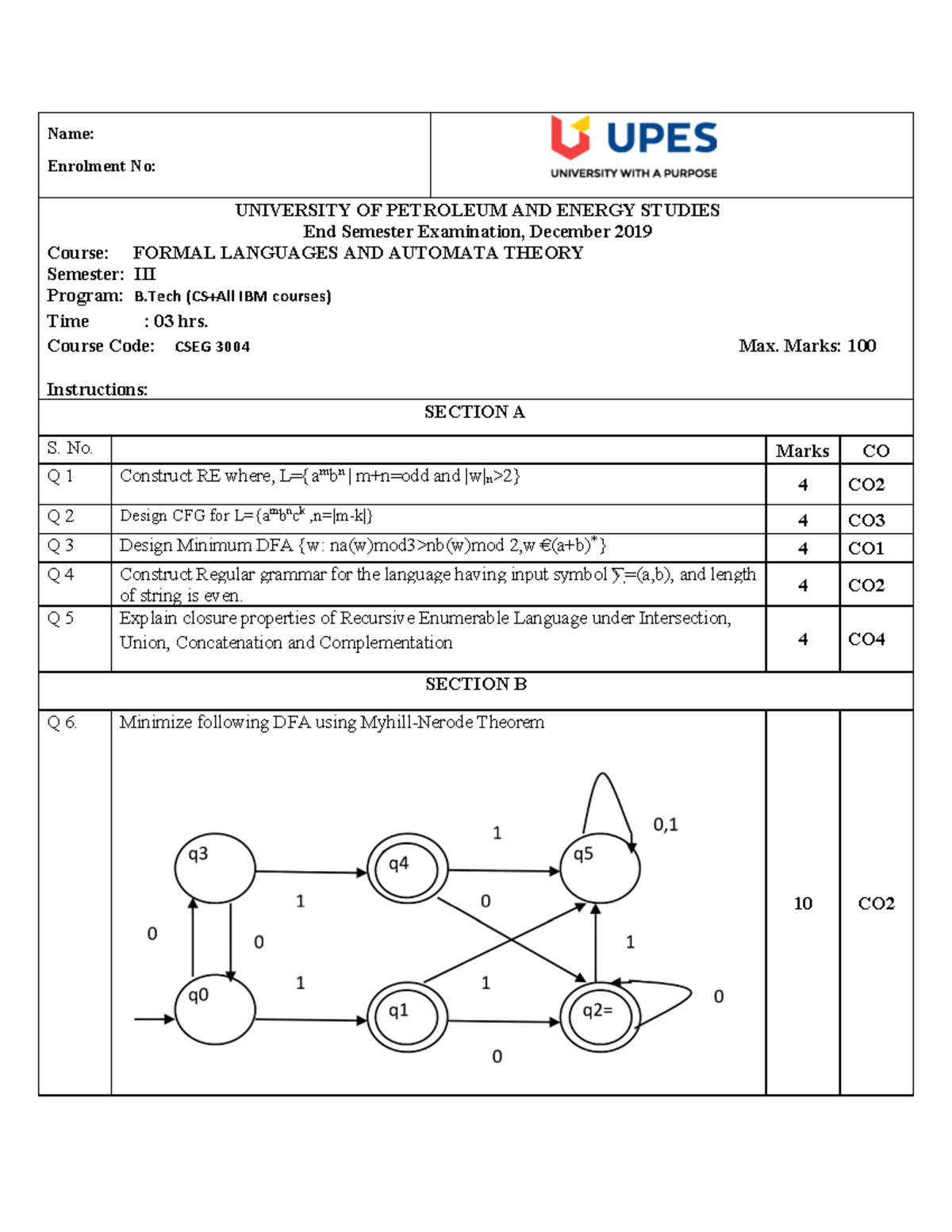 B TECH (CS+All IBM courses-III-Formal Languages and Automata Theory - Name: Enrolment No ...