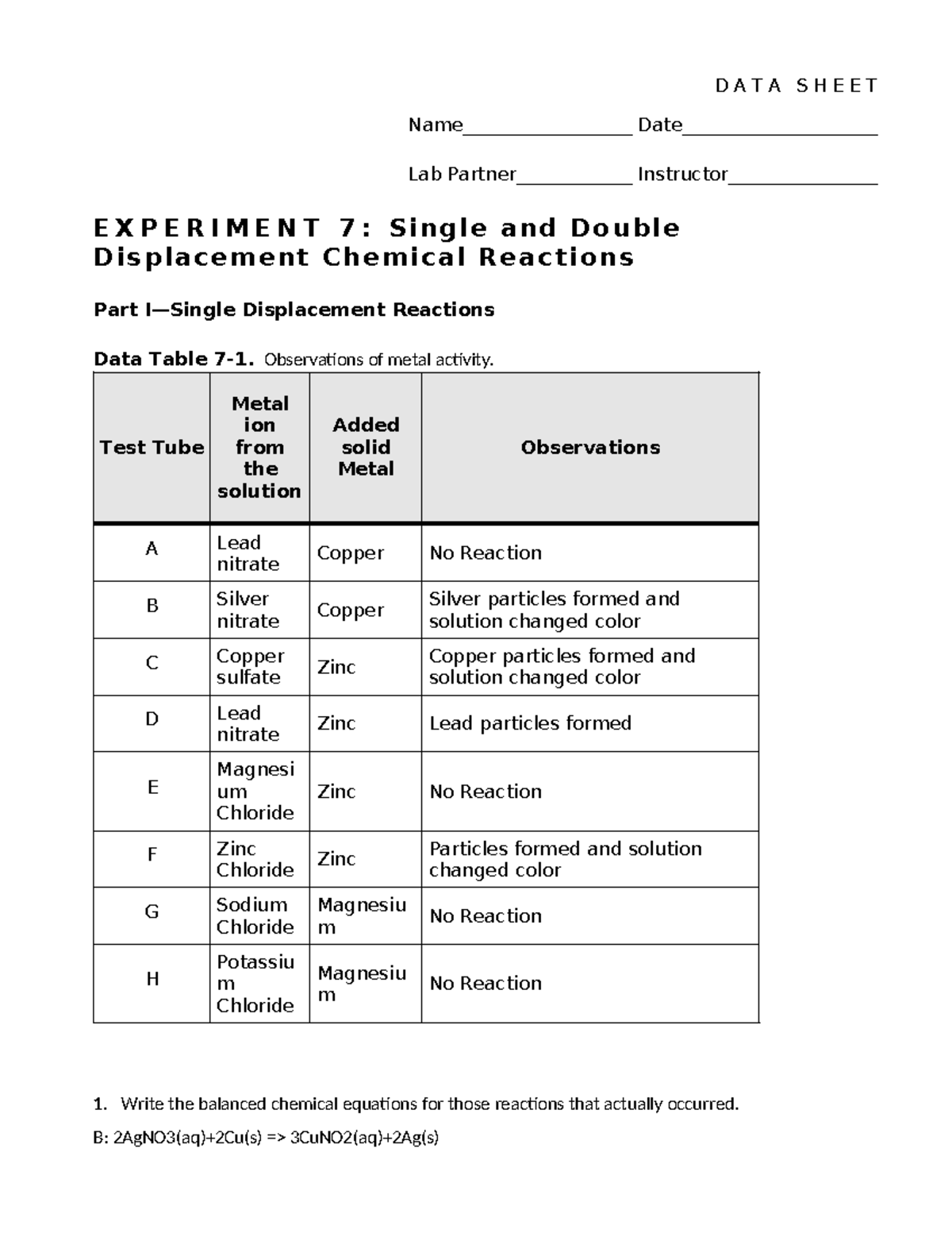 CHM1045 L Exp 7 DATA Sheet - D A T A S H E E T Name___________________ Date ...