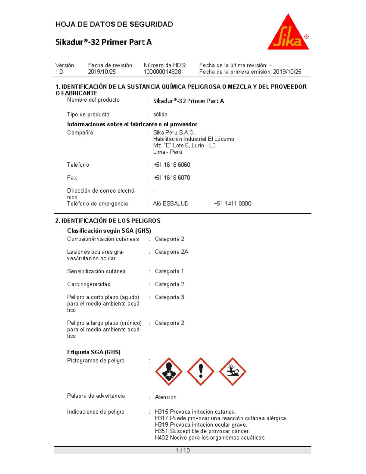 HSSikadur-32Gel - HOJA MSDS DE PRODUCTOS - Sikadur®-32 Primer Part A Versión 1. Fecha de ...